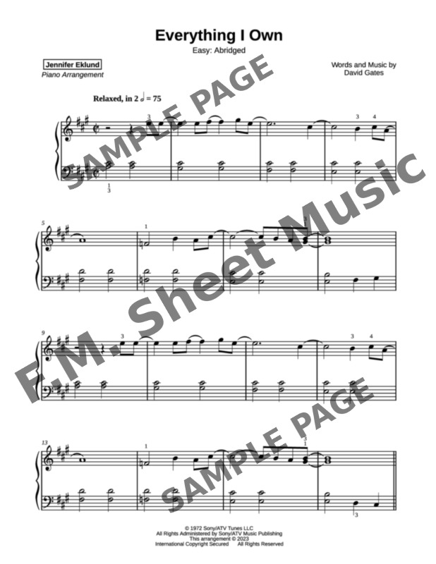 Everything I Own (Easy Piano) By Bread - F.M. Sheet Music - Pop Arrangements by Jennifer Eklund